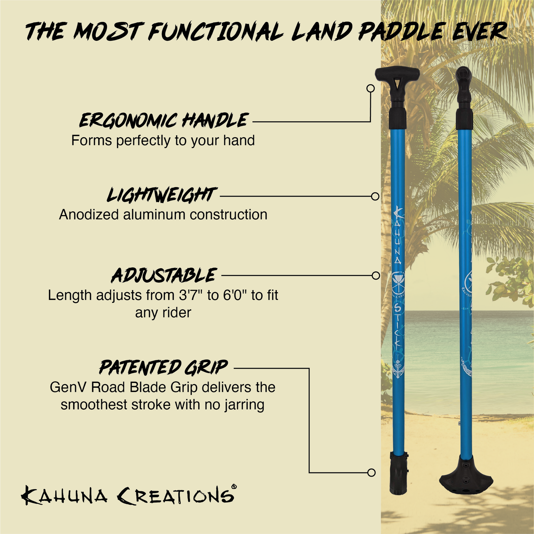 Adjustable Kahuna Big Stick-Hydro w/ GenV Blade Longboard Land Paddle ...